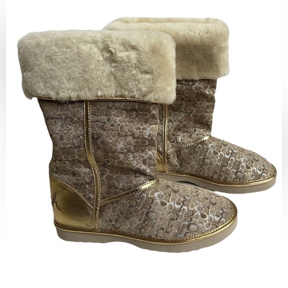 Coach | Shoes | Coach Nikole Gold Signature Logo Shearling Lined Boots ...
